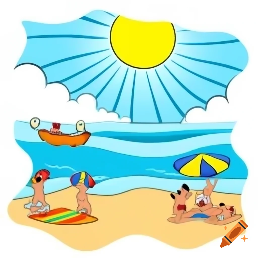 Vibrant comic-book style beach scene with cartoonish waves and playful ...
