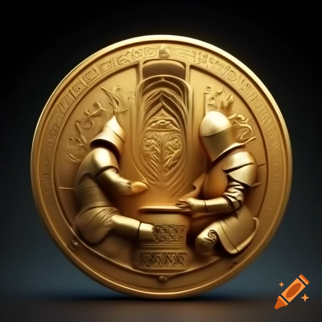 Hyperrealistic gold coin featuring knight in armor playing chess on Craiyon