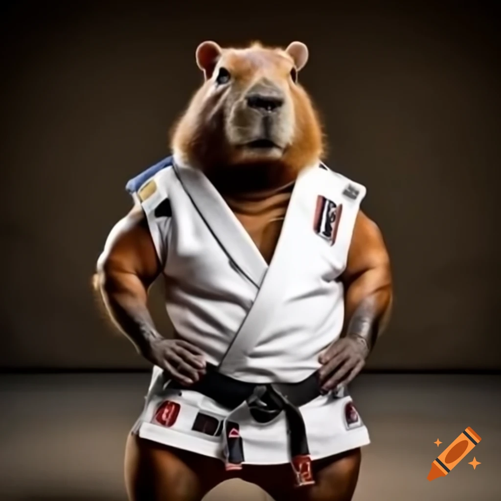 Muscular capybara in jiu-jitsu uniform standing sideways on Craiyon
