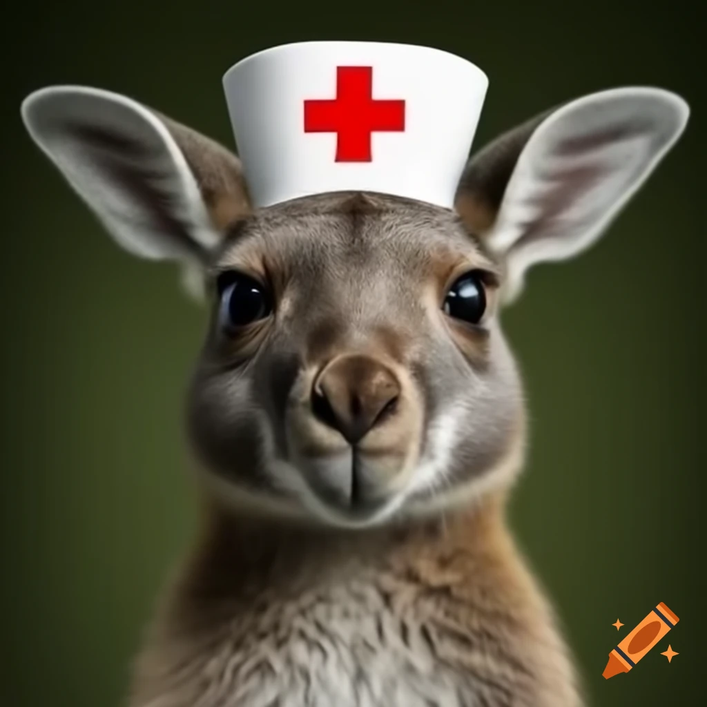 Grey female kangaroo wearing nurse hat with Red Cross symbol on Craiyon