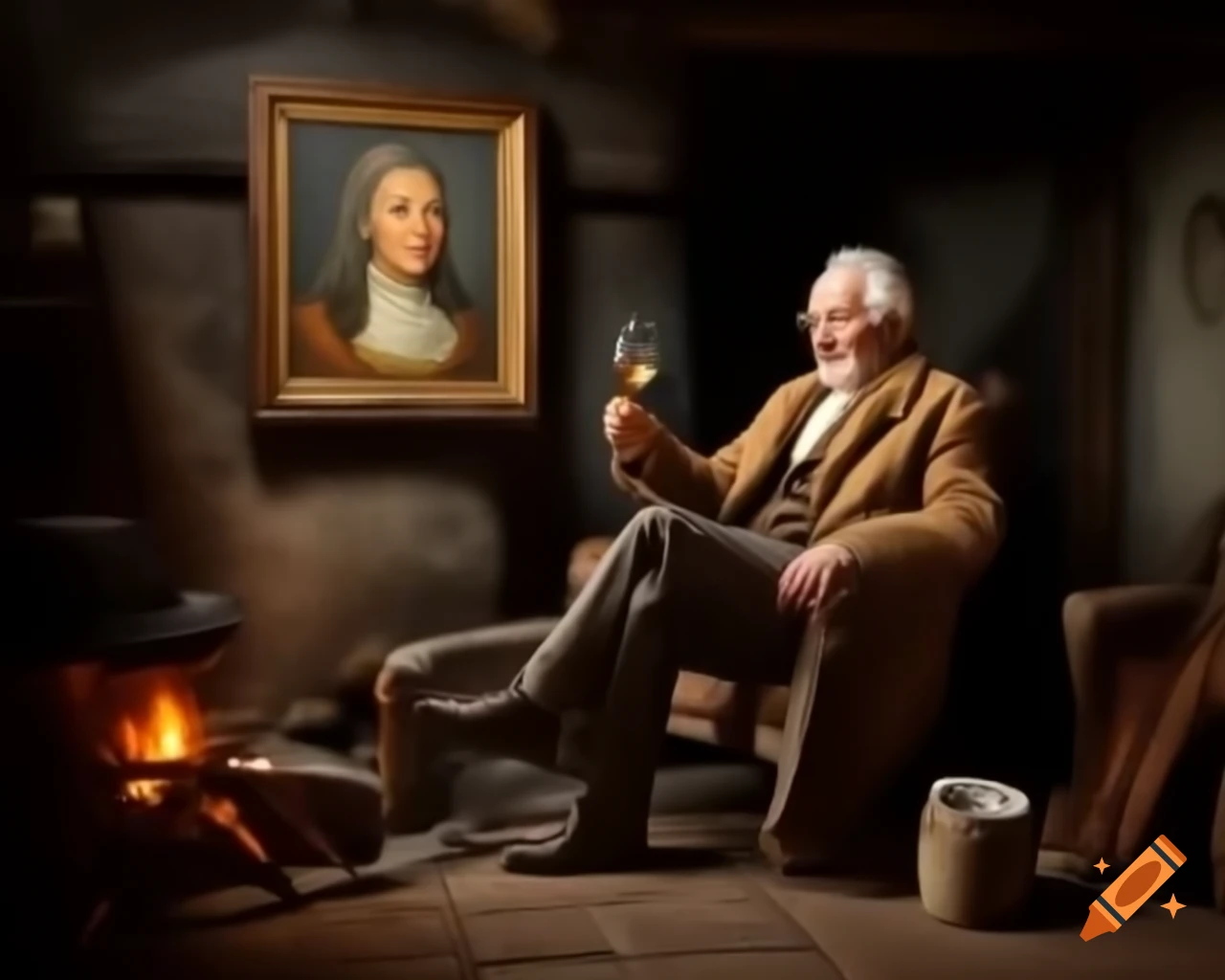 Reclusive artist in vintage coat by fireplace sipping golden wine in ...