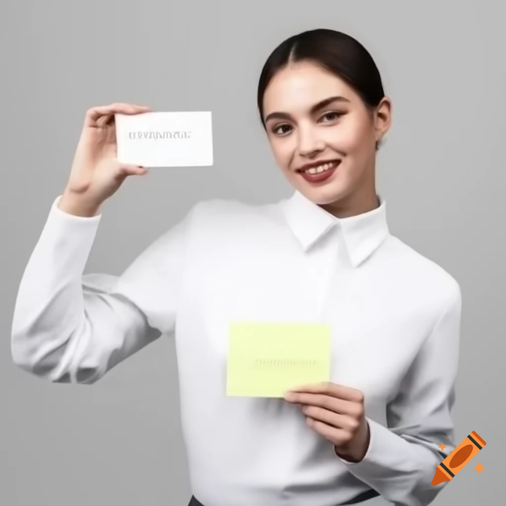 Stylish young woman confidently presenting modern ID card on Craiyon