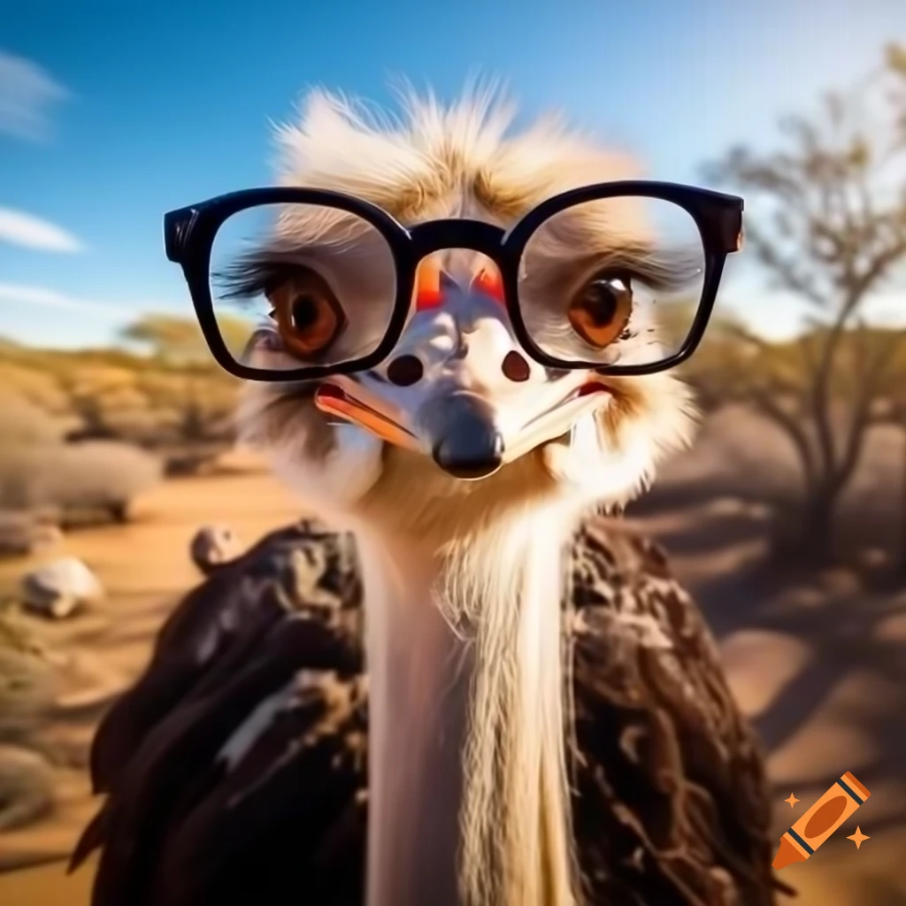 Stylish ostrich wearing frameless glasses in relaxed pose with bright ...