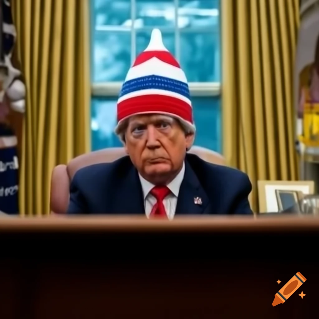 Political satire featuring President Trump with a dunce cap in the Oval ...