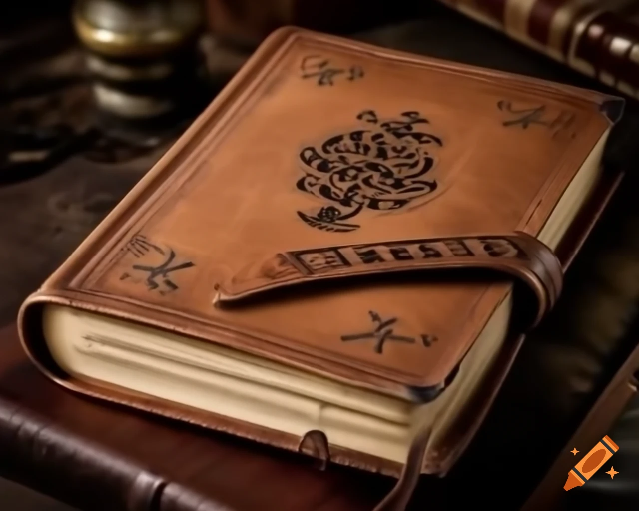 Leather-bound journal with cryptic symbols and faded ink on Craiyon