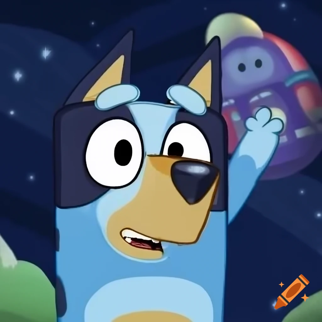 Cartoon character bluey in a space environment on Craiyon