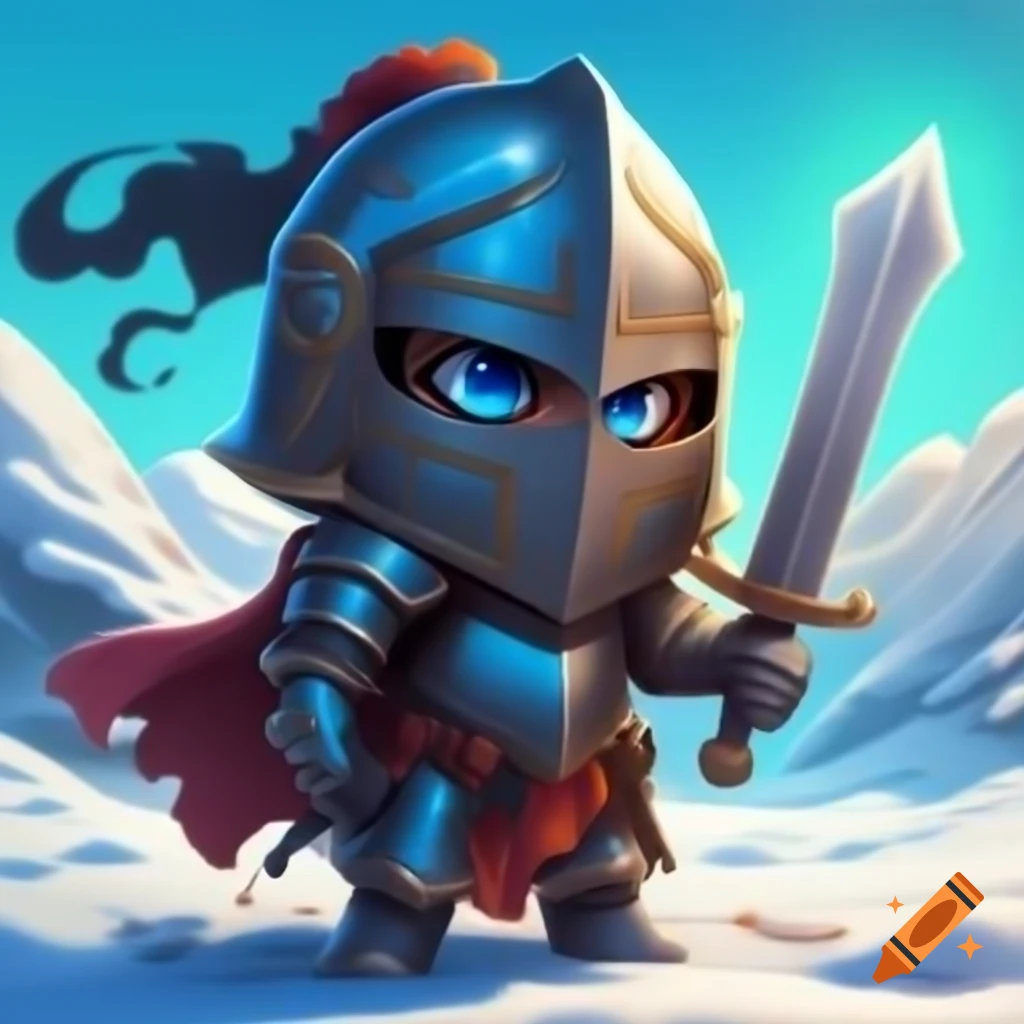 Chibi-style knight in armor with glowing blue eyes amidst a snowy ...