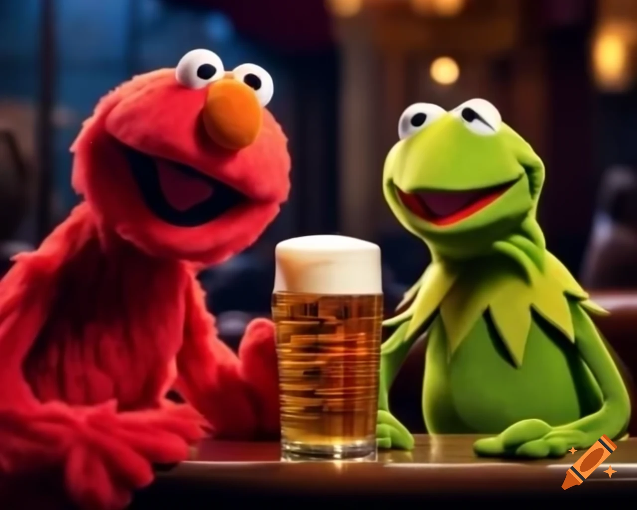 Elmo and Kermit enjoying drinks at a fancy bar, 4K on Craiyon