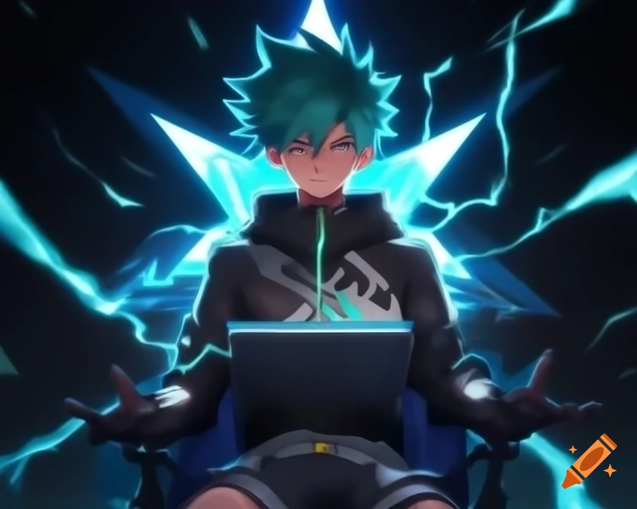 Anime character design with spiky teal hair and energetic expression ...