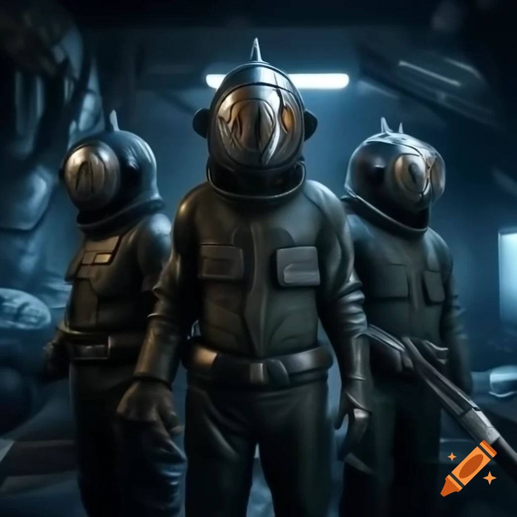 Three henchmen with fish heads in bubble helmets wearing silver ...