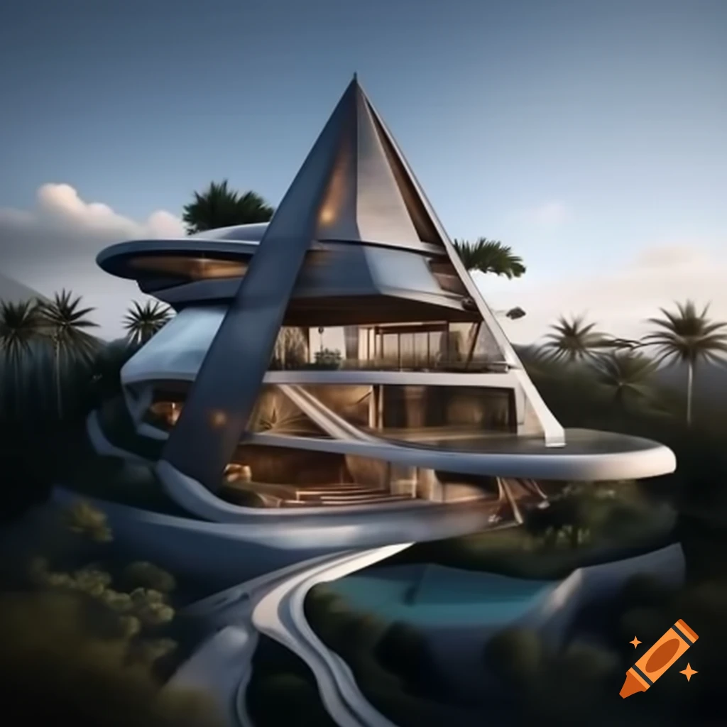Futuristic pyramid-shaped mansion with glass and steel design on Craiyon