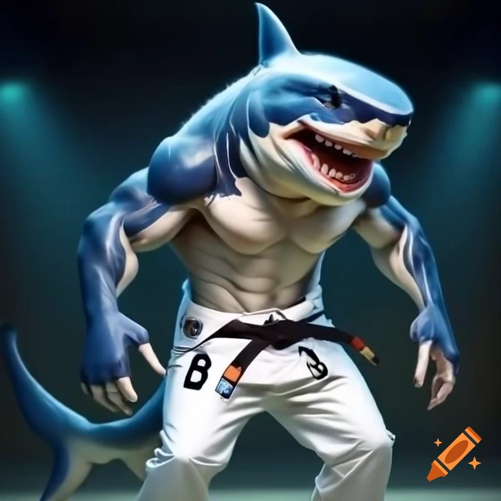 Muscular shark in jiu-jitsu uniform showcasing powerful stance on Craiyon