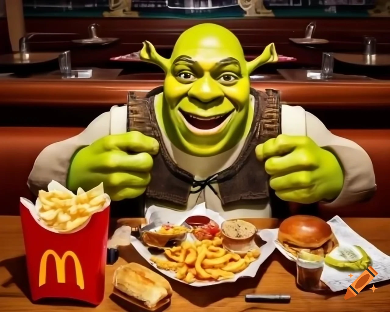 Shrek presenting large meal of french fries and nuggets at McDonald's ...