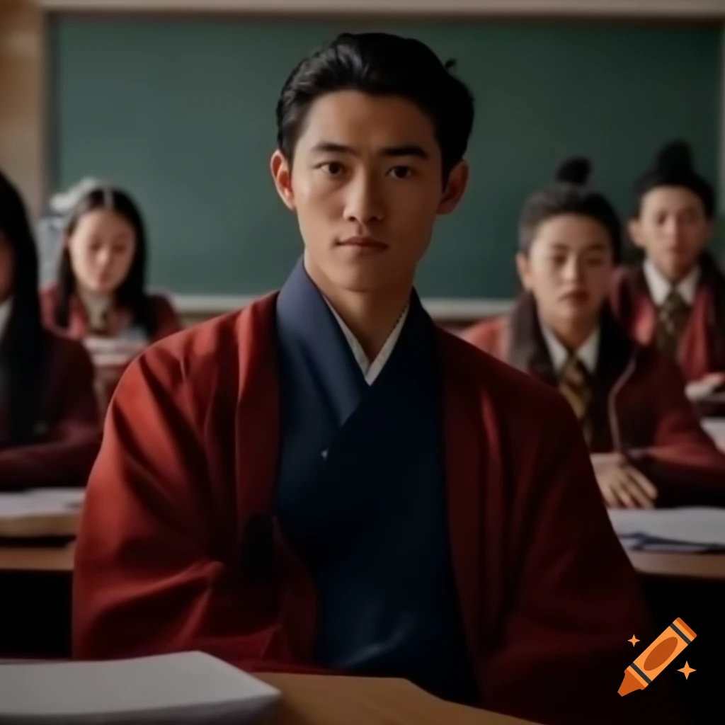 Young Asian man in college classroom, elegantly styled in Disney ...