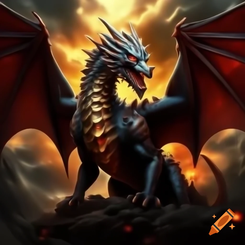Majestic obsidian dragon with crimson wings, ancient gaze and star-like ...