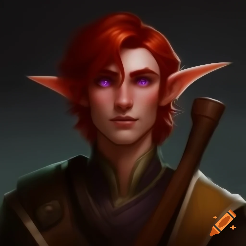 Young male half-elf bard with red hair and purple eyes playing lute, D ...