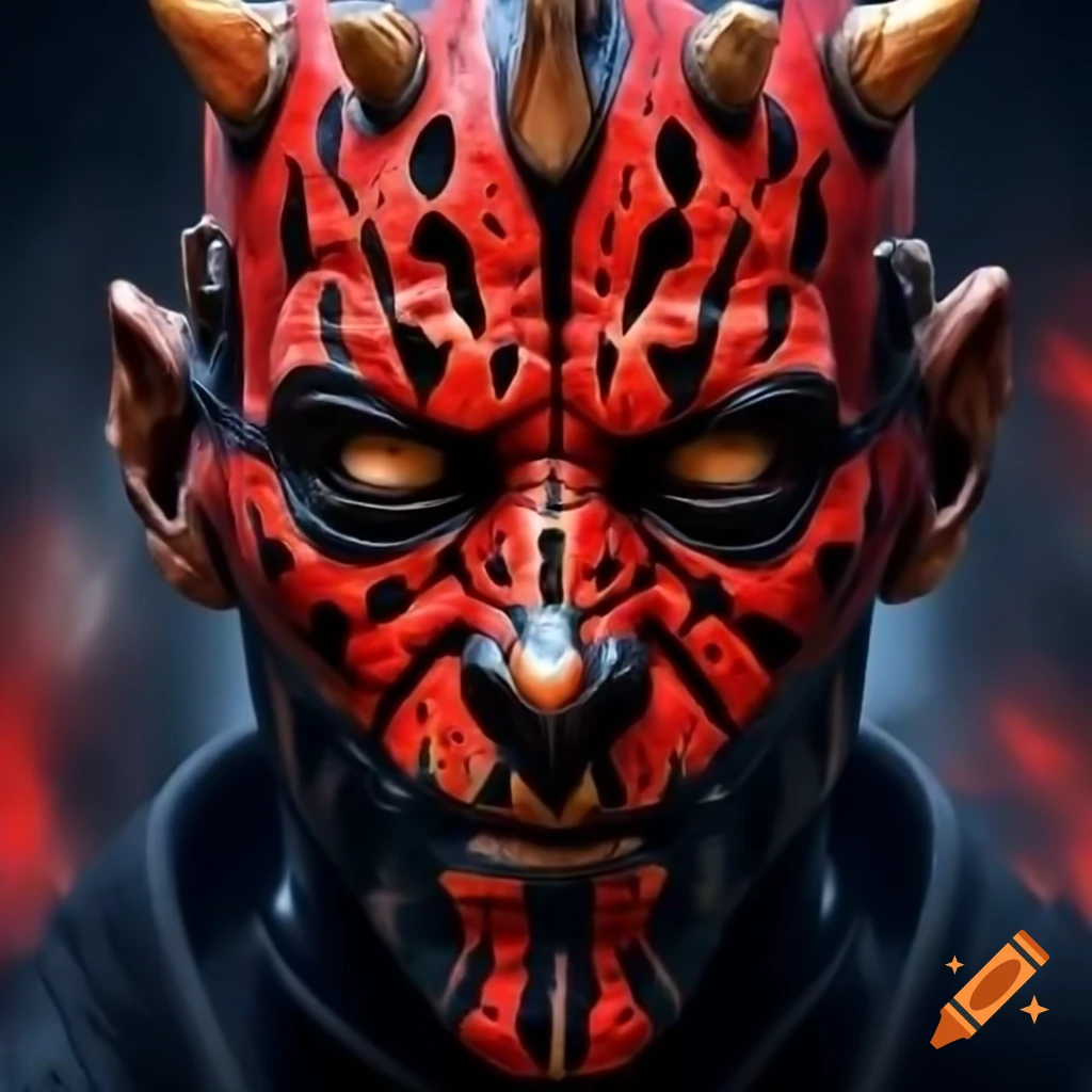 Angry character in dark costume with red and black face paint on Craiyon