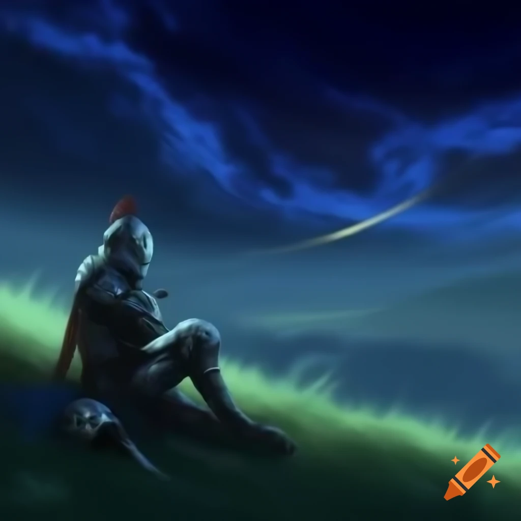 Lone knight on grassy hill under starry night sky, anime digital art on ...