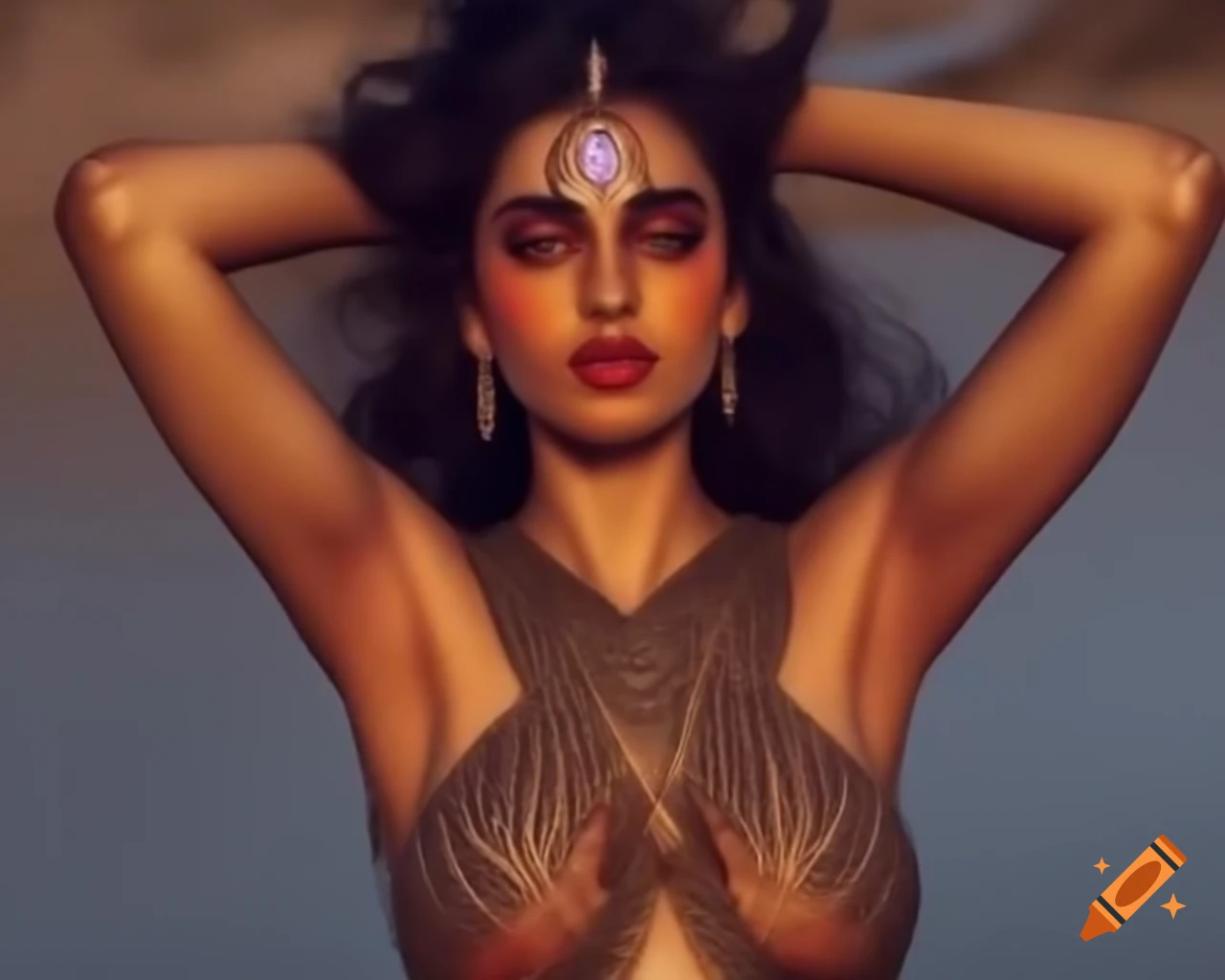 Goddess Inanna with eyes on her body and arms, ethereal design on Craiyon