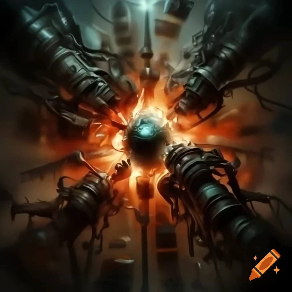 Dystopian future digital painting with explosive symbols and mechanical ...