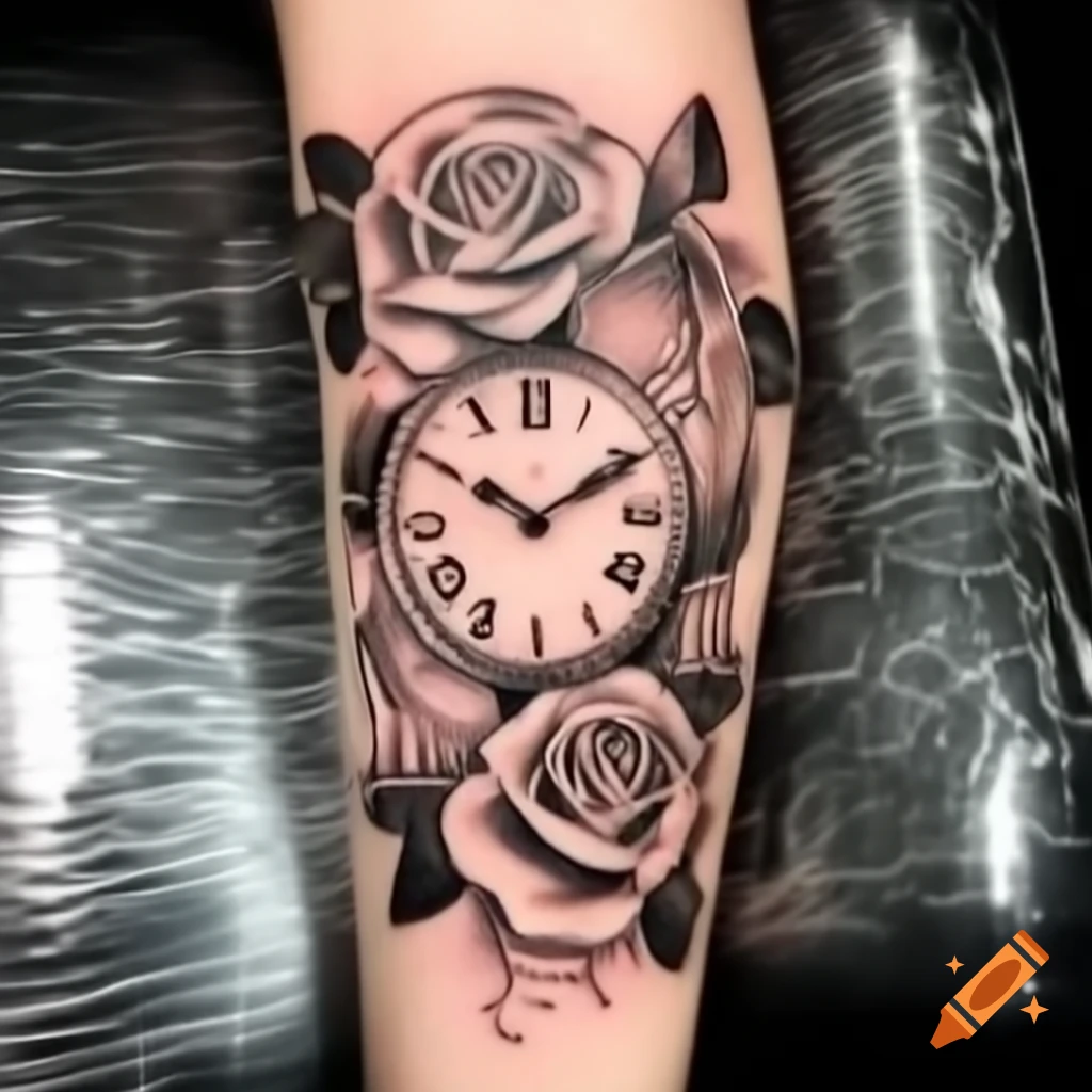 Tattoo design featuring a clock and a rose on Craiyon