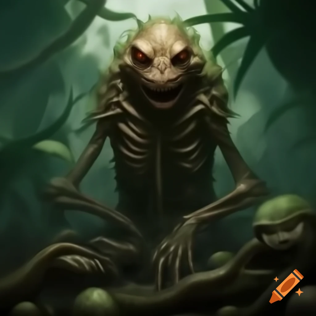 Ancient towering figure with skeletal amphibian body and glowing hollow ...