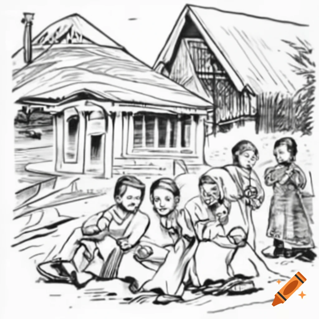 Black and white sketch of orphanage and elderly home with joyful ...