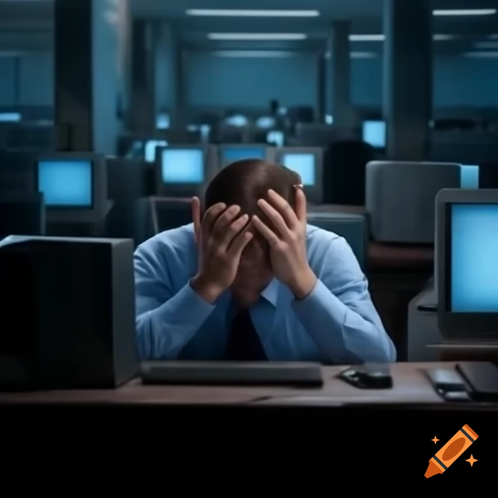 Frustrated it manager observing outdated computer system on Craiyon