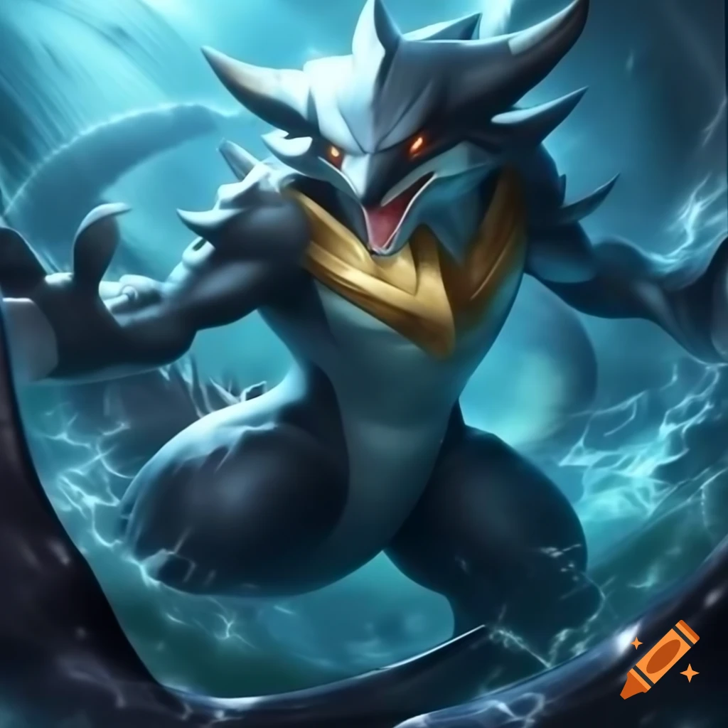 Humanoid pokemon with bull shark features and golden armor, symbolizing ...