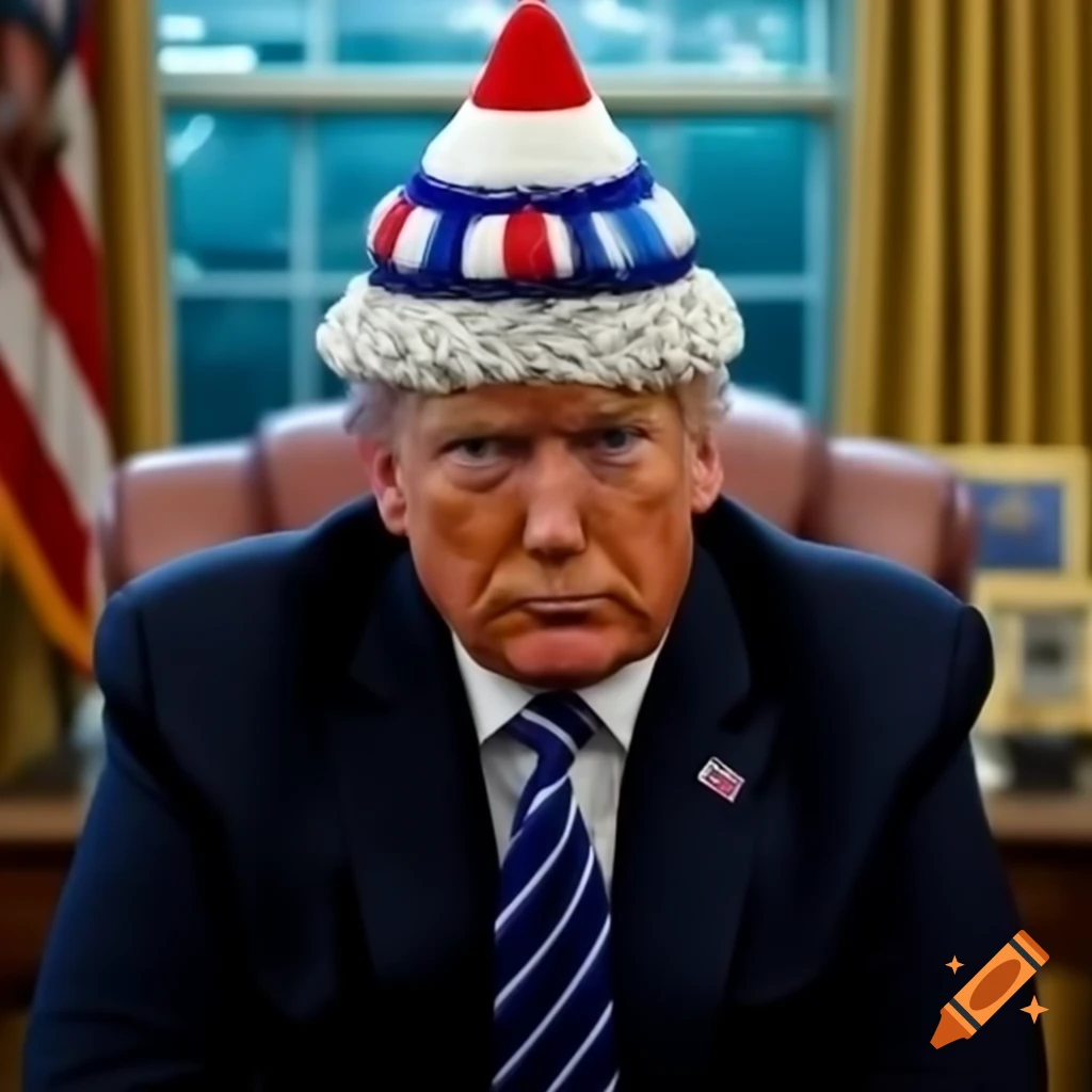 Political satire featuring President Trump with a dunce cap in the Oval ...