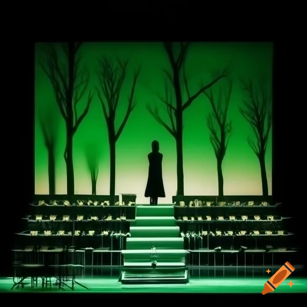 Theatrical set design with black tree silhouettes on green gradient ...