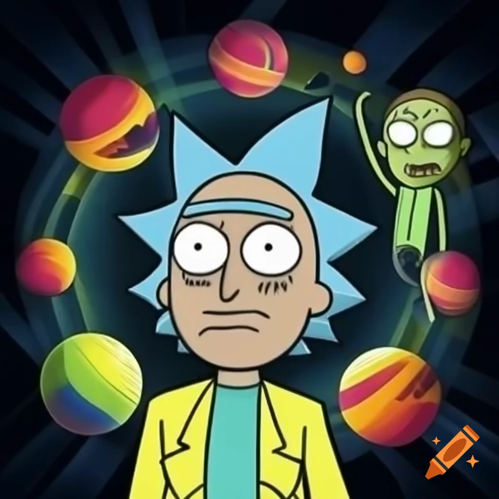 Vibrant scene in Rick and Morty multiverse with Rick experimenting with ...