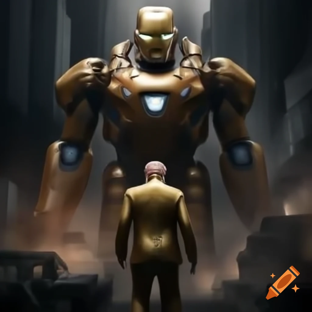 Dramatic scene of giant mech suit and superhero clash in urban setting ...