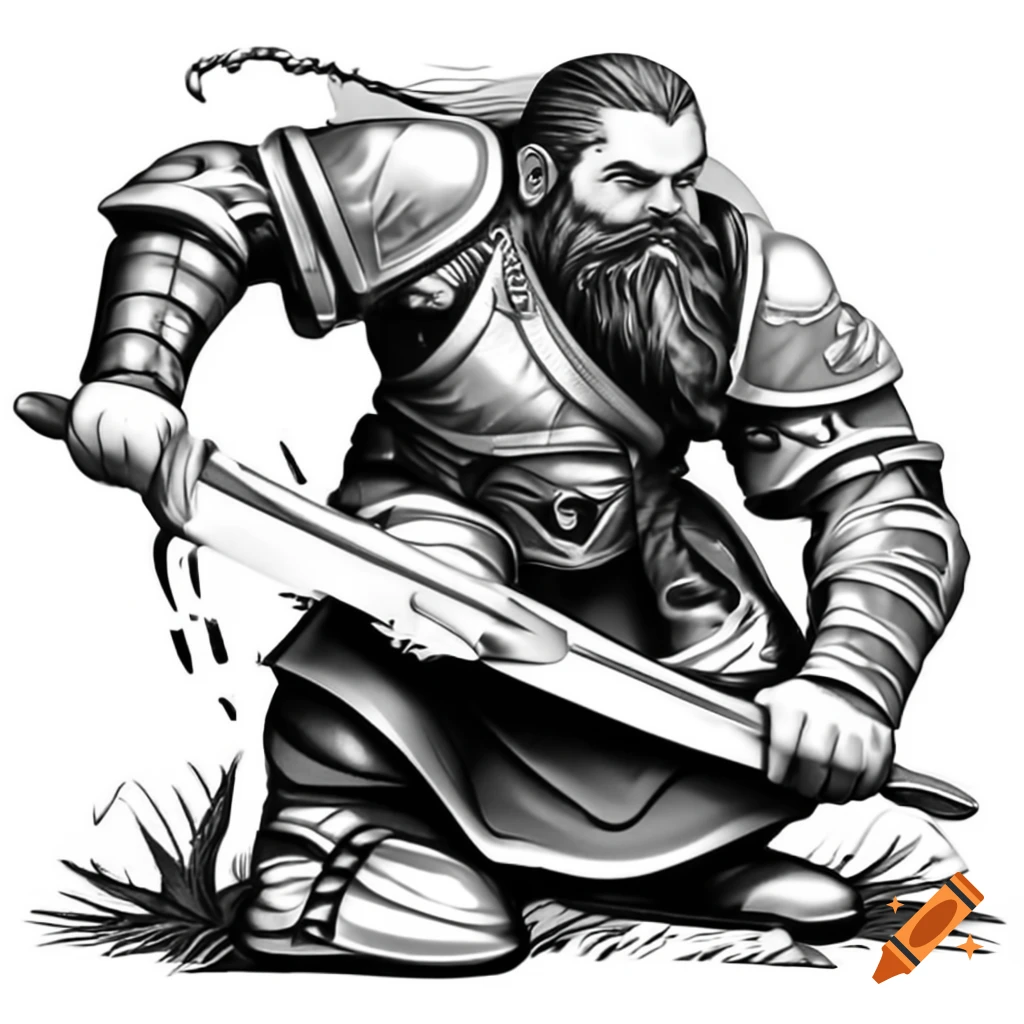 Dwarf warrior in chain mail armor with fierce expression and long sword ...