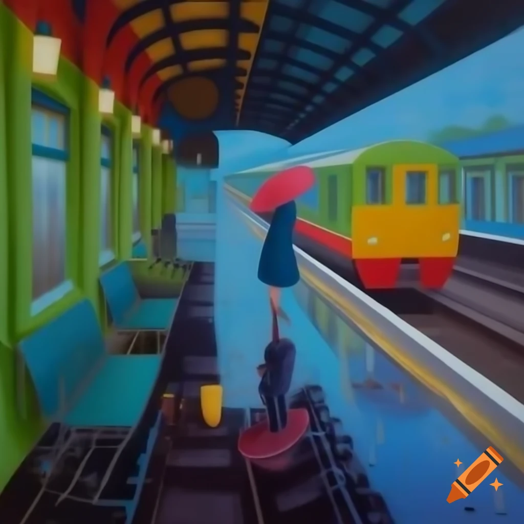 Colorful painting of a woman waiting at empty train station in the rain ...