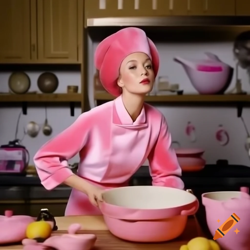 Woman in pink velvet cooking suit preparing food in large pink pot on ...