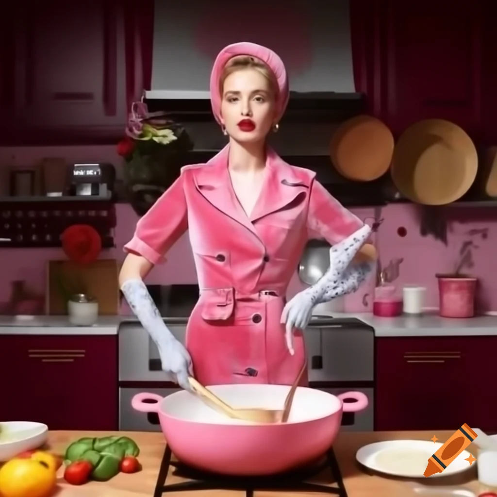 Woman in pink velvet cooking suit preparing food in large pink pot on ...