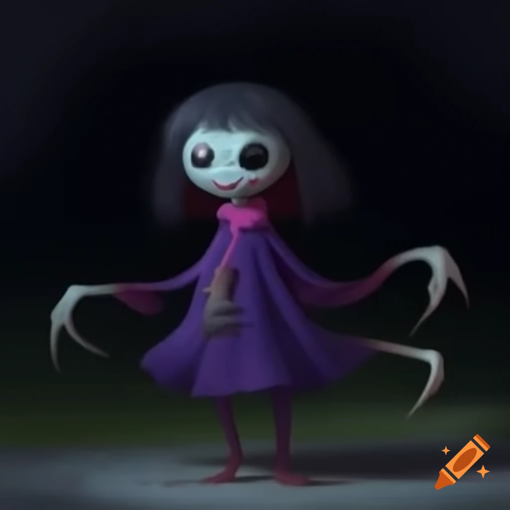 Creepy cartoon creature with sharp teeth and black eyes in rubber-hose ...