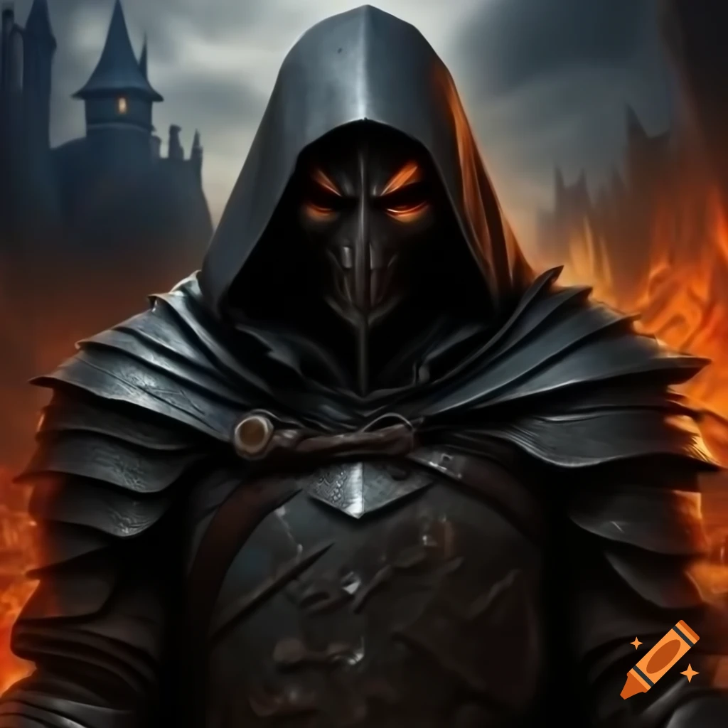 Mysterious hooded warrior in inferno hellscape with castle and dungeon ...