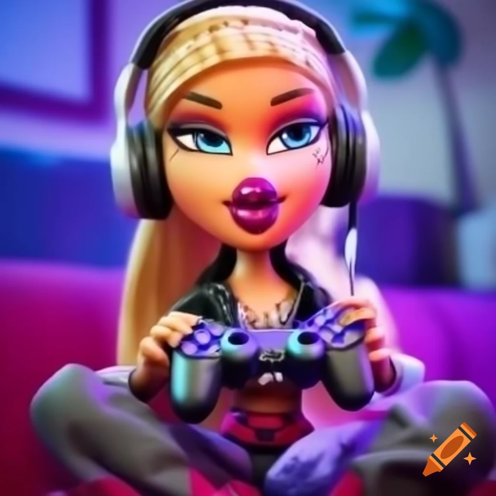 Stylish Bratz doll gaming on PlayStation 4 with controller and headset ...