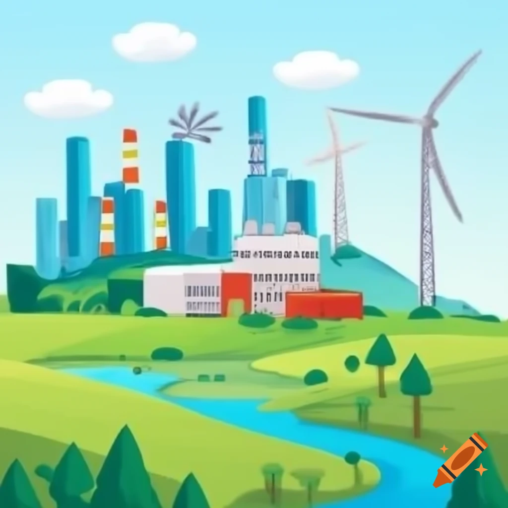 Cartoon landscape featuring skyscrapers, factory, wind turbine, farms ...