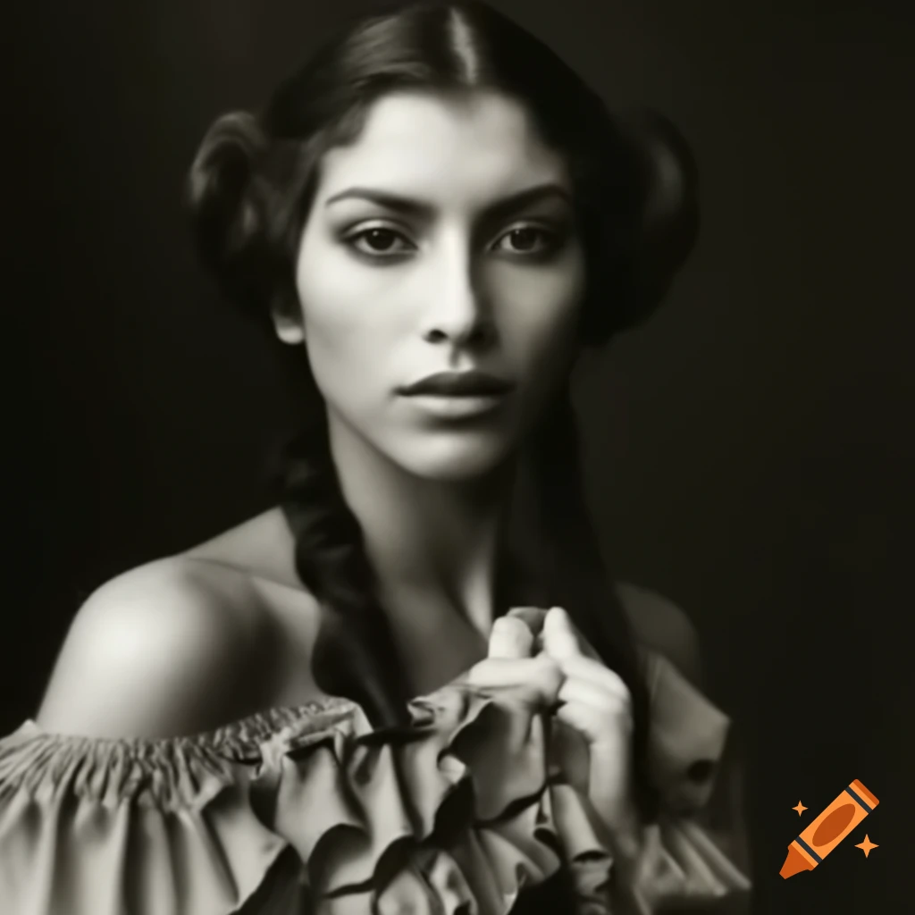 Young Mexican woman with sharp features and frilled blouse on Craiyon