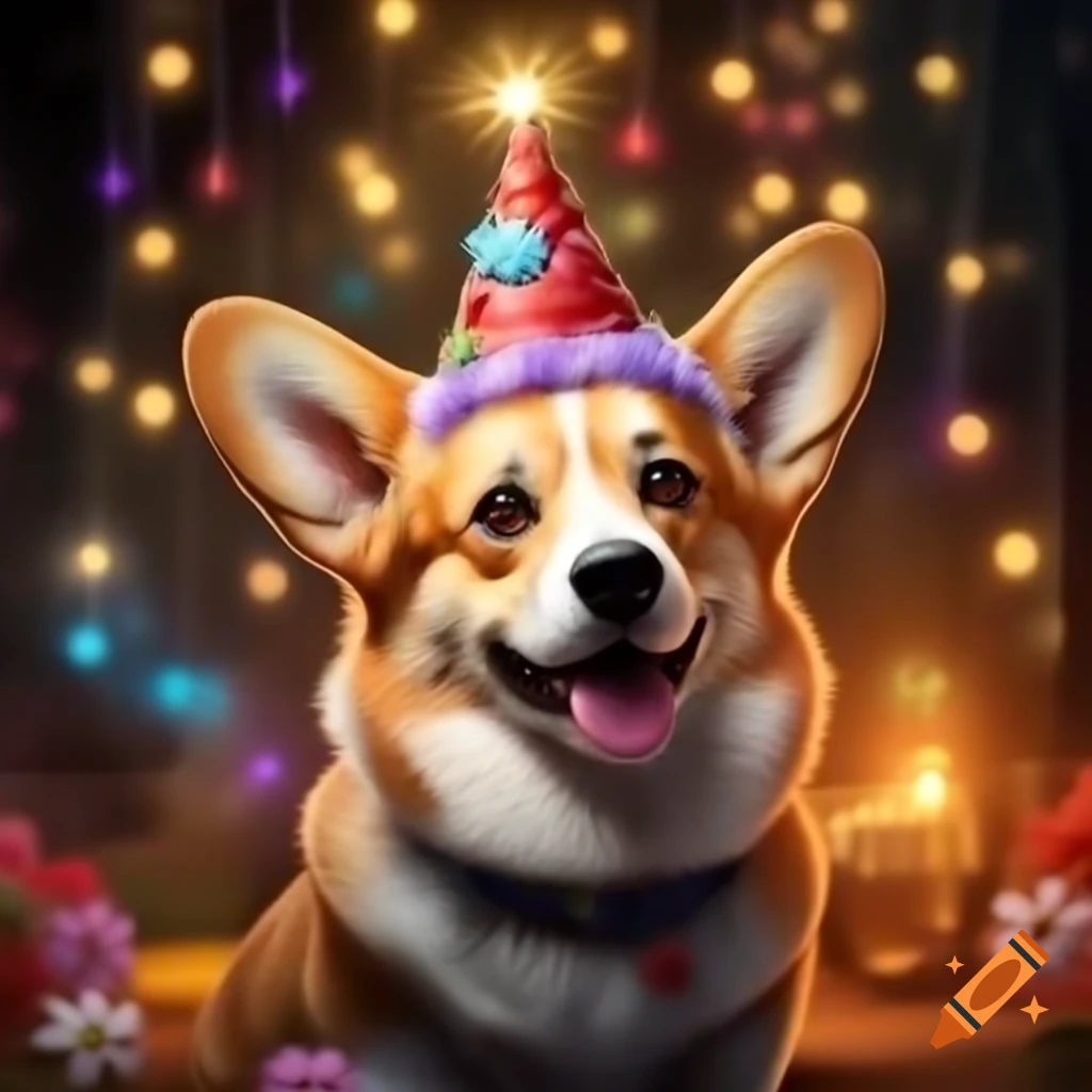 Corgi celebrating birthday with festive hat and magical backdrop of ...
