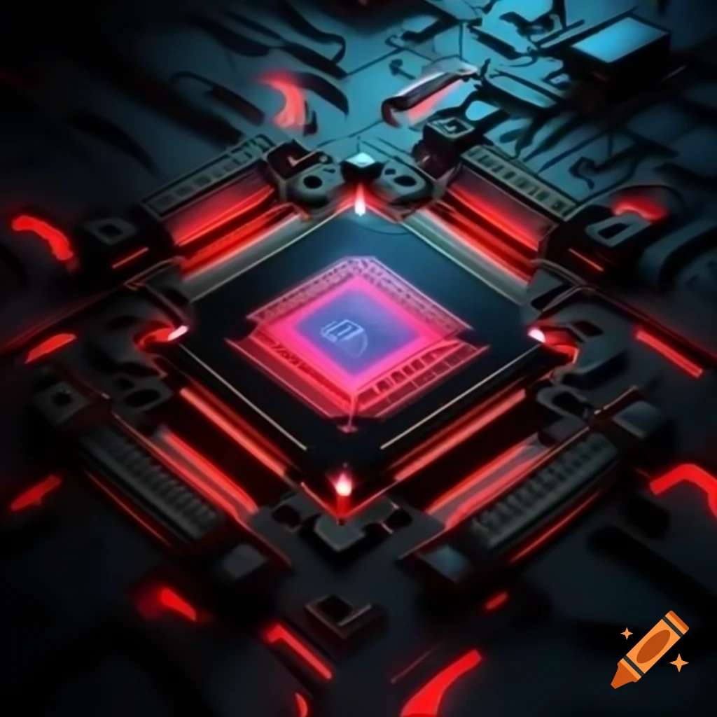 Futuristic CPU die microchip with intricate circuitry glowing in red and black on Craiyon