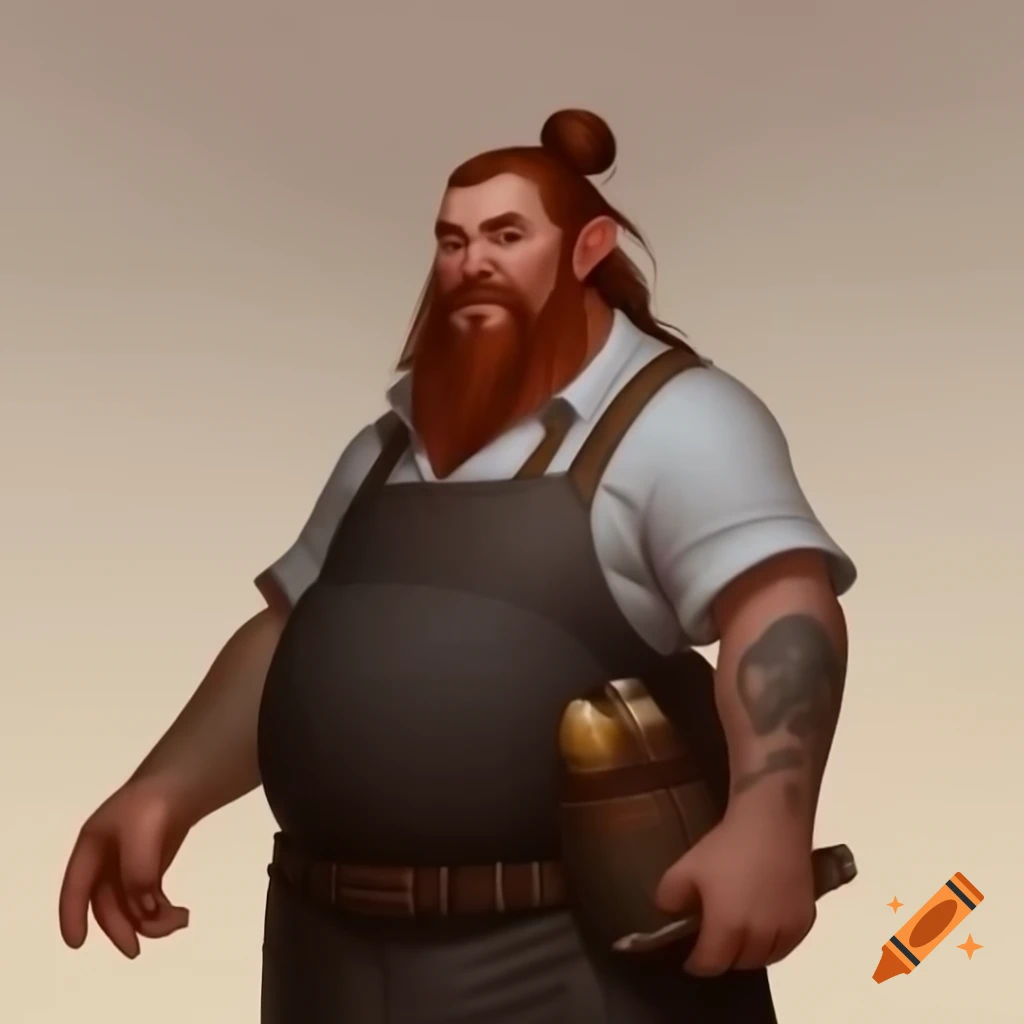 Middle-aged human man in simple cook's clothes with auburn ponytail and ...