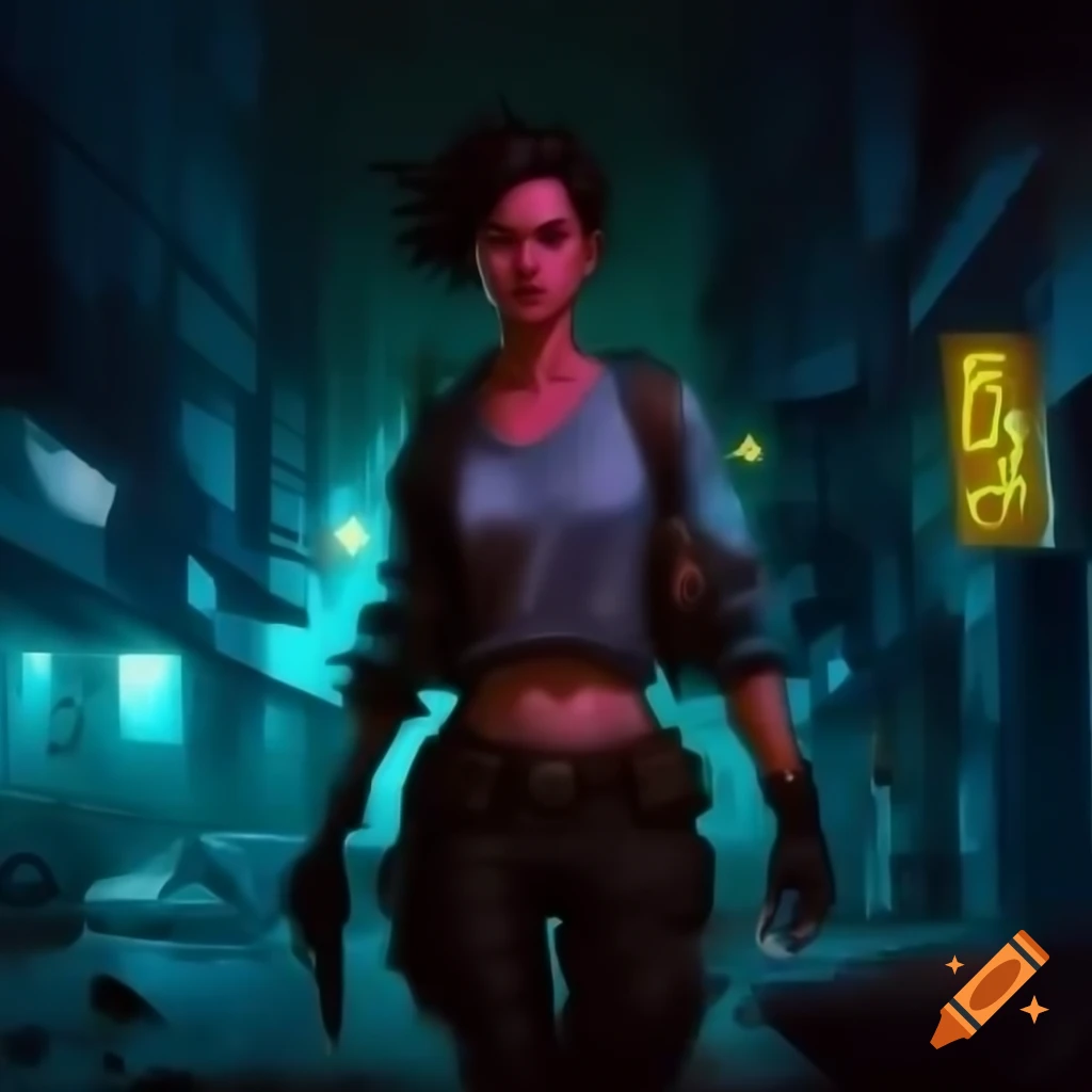 Battle-hardened female mercenary in neon-lit streets of Roanapur ...