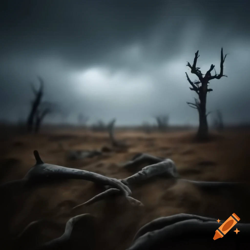 Windy haunted crypt with ghosts and witches flying over barren forest ...