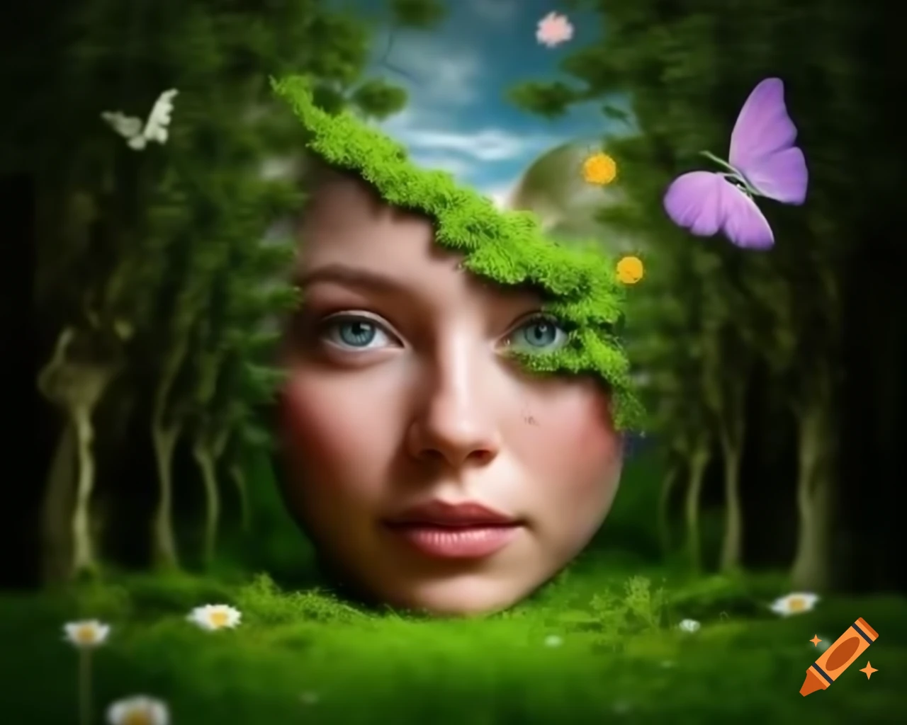 3d render of woman's face in forest with old growth trees, surreal ...