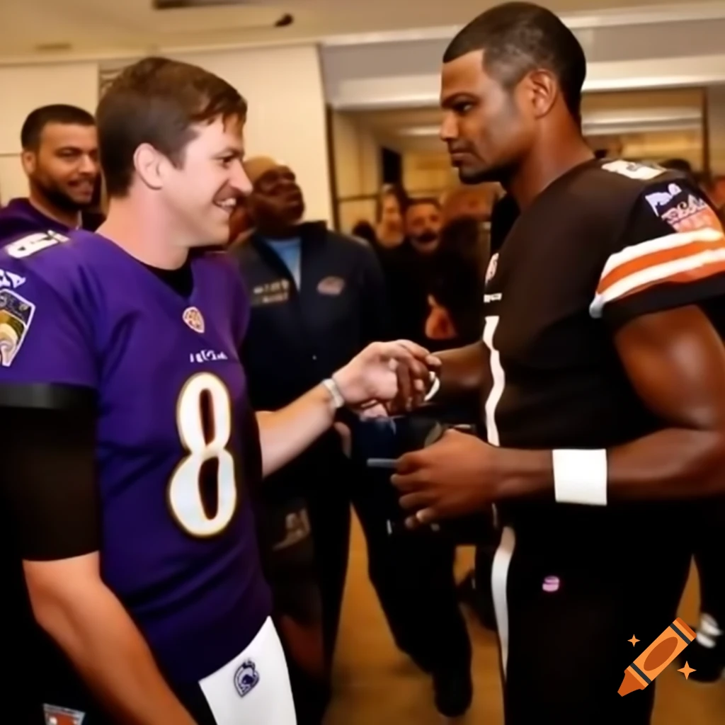 Justin tucker and deshaun watson shaking hands in a spa setting on Craiyon