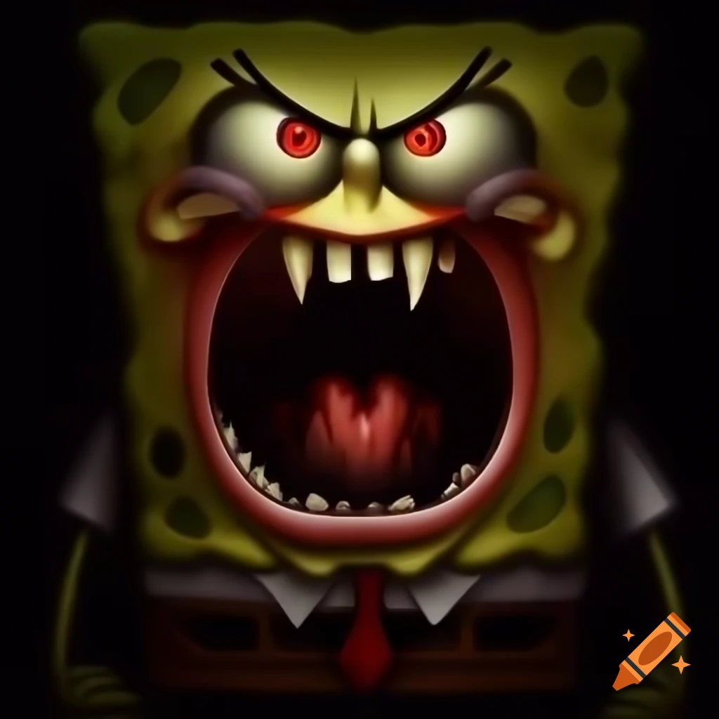 Creepy interpretation of Spongebob Squarepants with sharp teeth and bloodshot eyes in Tim Burton ...
